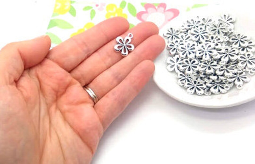 10, 50 or 100 Silver Flower Charms - Silver Cosmo Flower - Lead Free ...