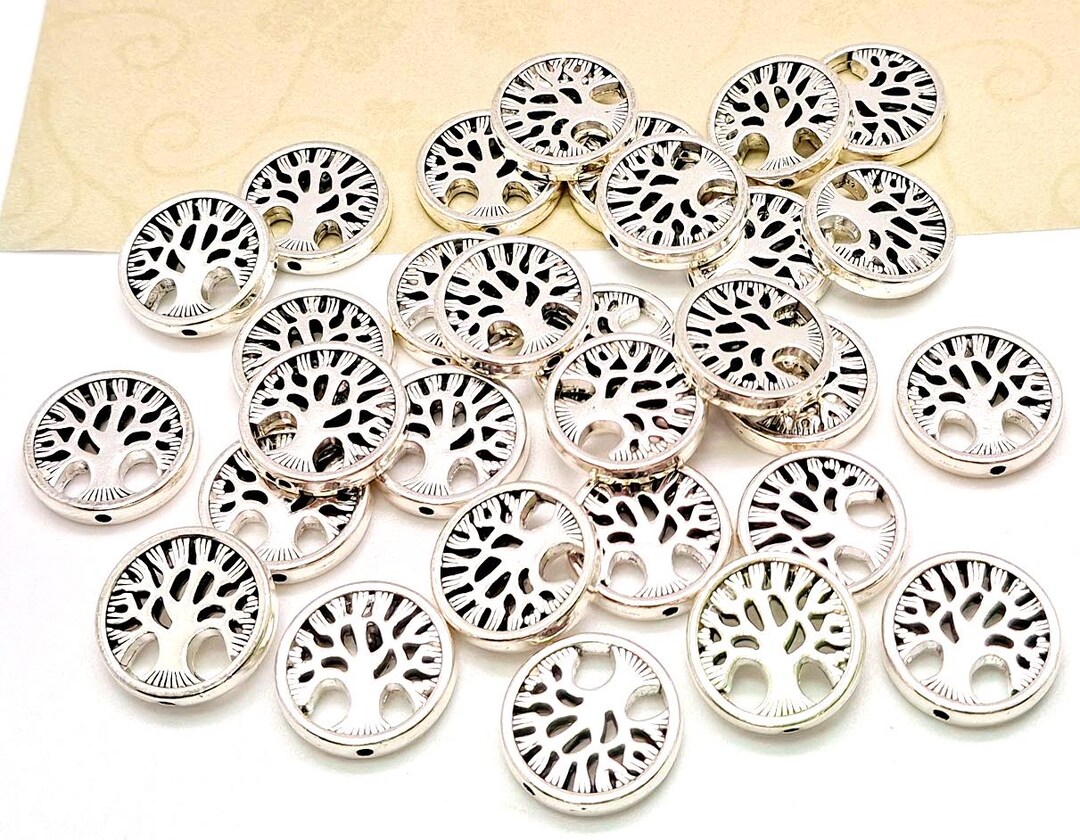 Silver Tree Beads, Metal Alloy, Tree of Life Flat Round (17mmm 10 or ...