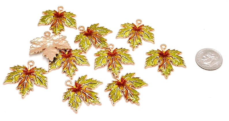 Enamel Maple Leaf Charms, Green Brown Gold, Autumn Pendant (29mm, 4 or ...