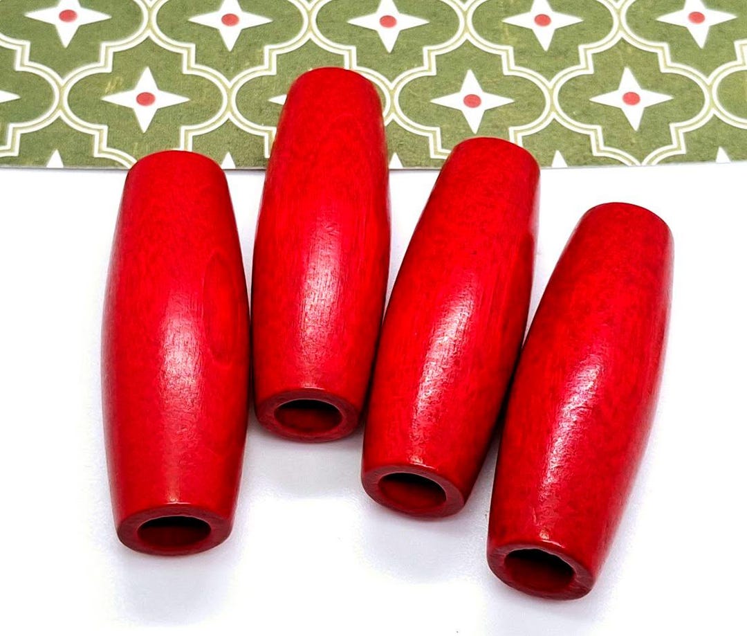 Red Wood Beads, Large Hole, Vintage Macrame Bead, Tapered Tube (2 Inch ...