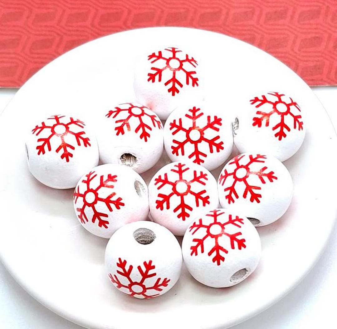 10 Snowflake Beads - Red and White Beads - Wood Beads - Christmas Beads ...