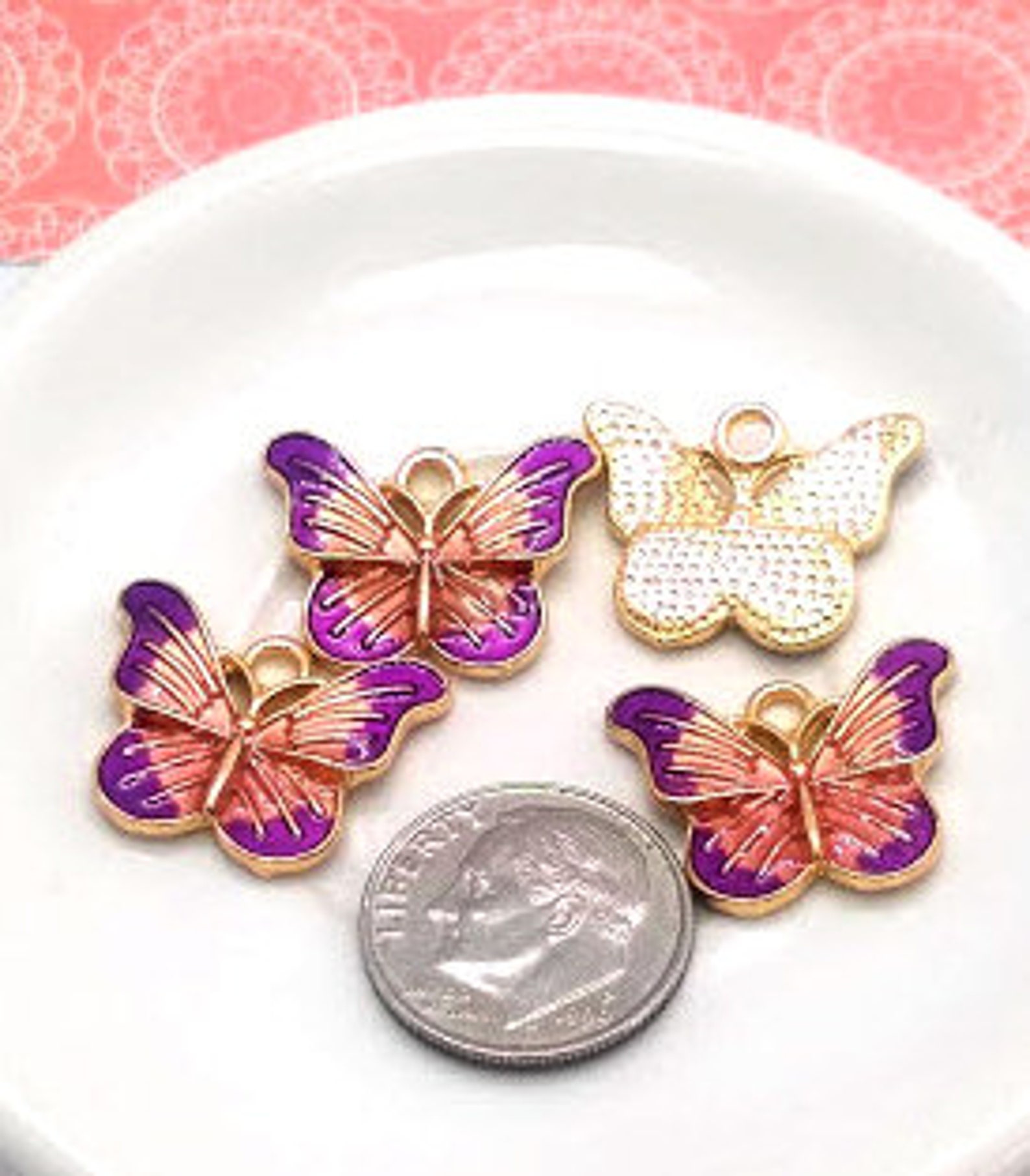 Purple & Pink Butterfly Charms, Gold Tone, Enamel Jewelry Pendants ...