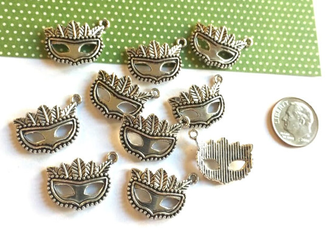 Silver Mardi Gras Mask Charms, Metal Alloy, Masquerade Pendant (23mm ...