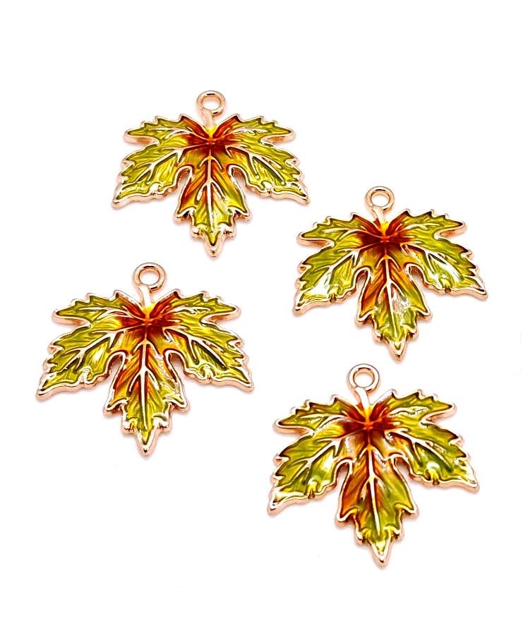 Enamel Maple Leaf Charms, Green Brown Gold, Autumn Pendant (29mm, 4 or ...
