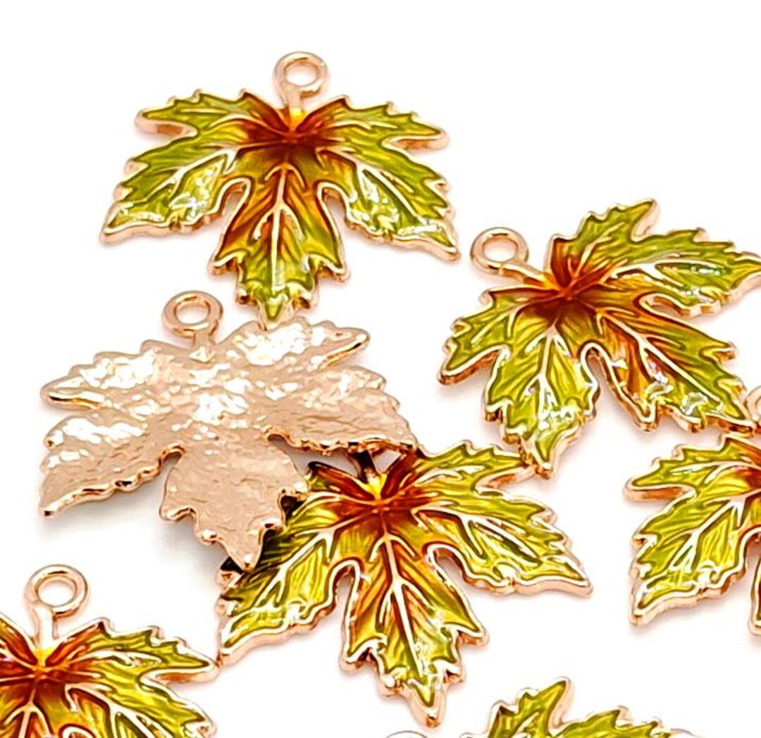 Enamel Maple Leaf Charms, Green Brown Gold, Autumn Pendant (29mm, 4 or ...