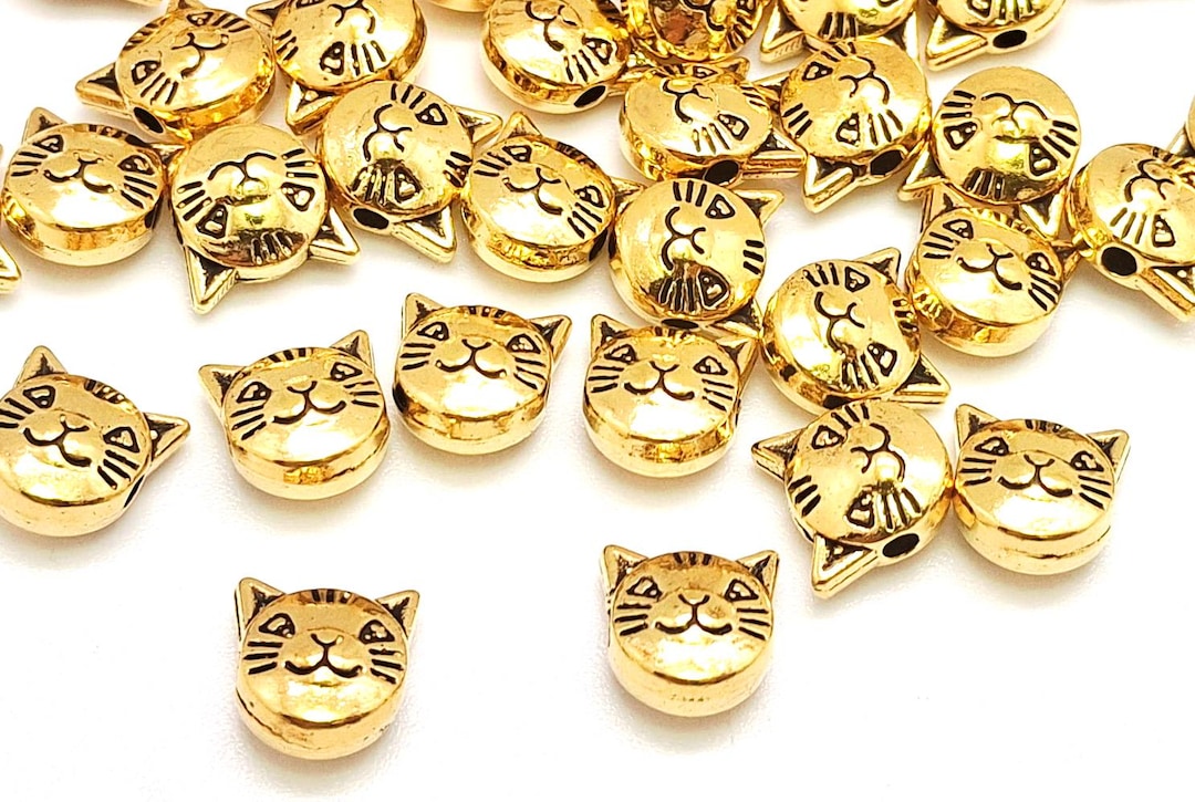 Gold Cat Face Beads, Metal Alloy, Kitty Pet (8mm, 10, 50 or 100 Pieces ...