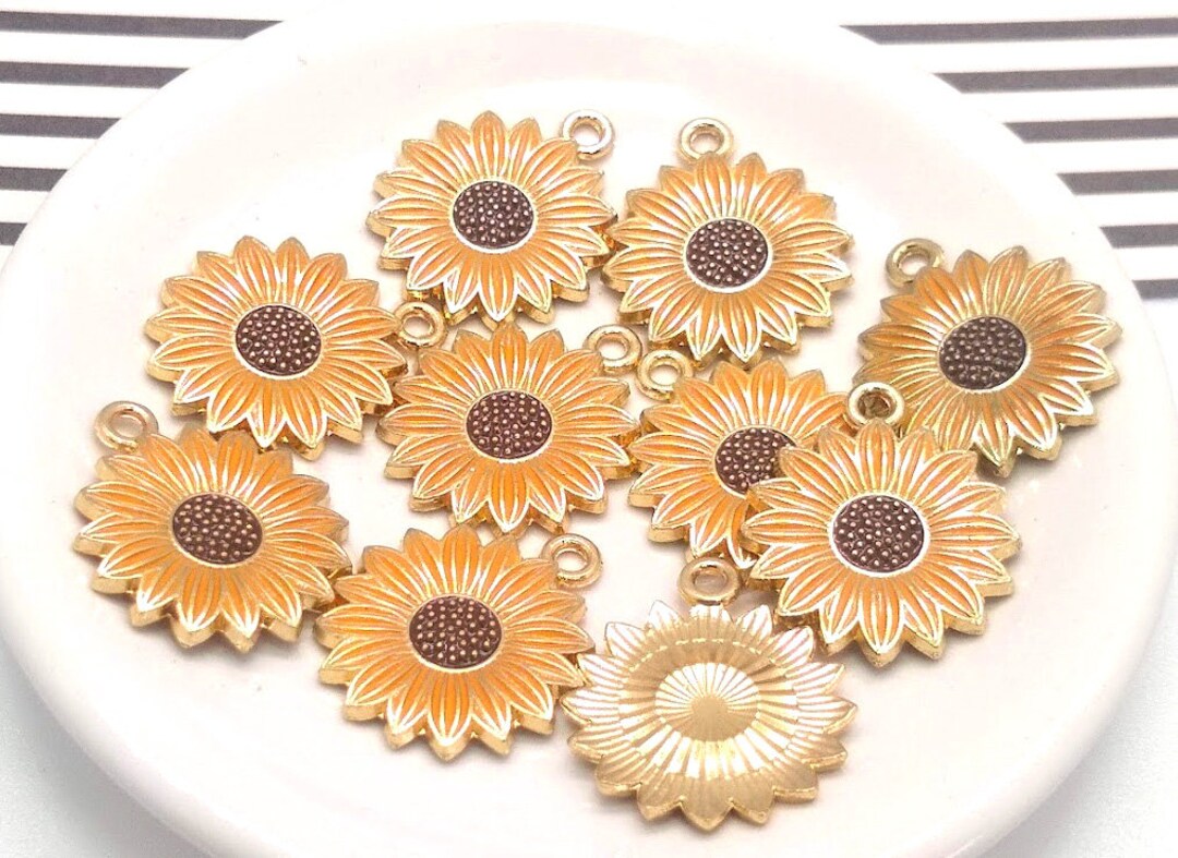 Enamel Sunflower Charms, Yellow Brown Gold, Enameled Jewelry Pendants ...
