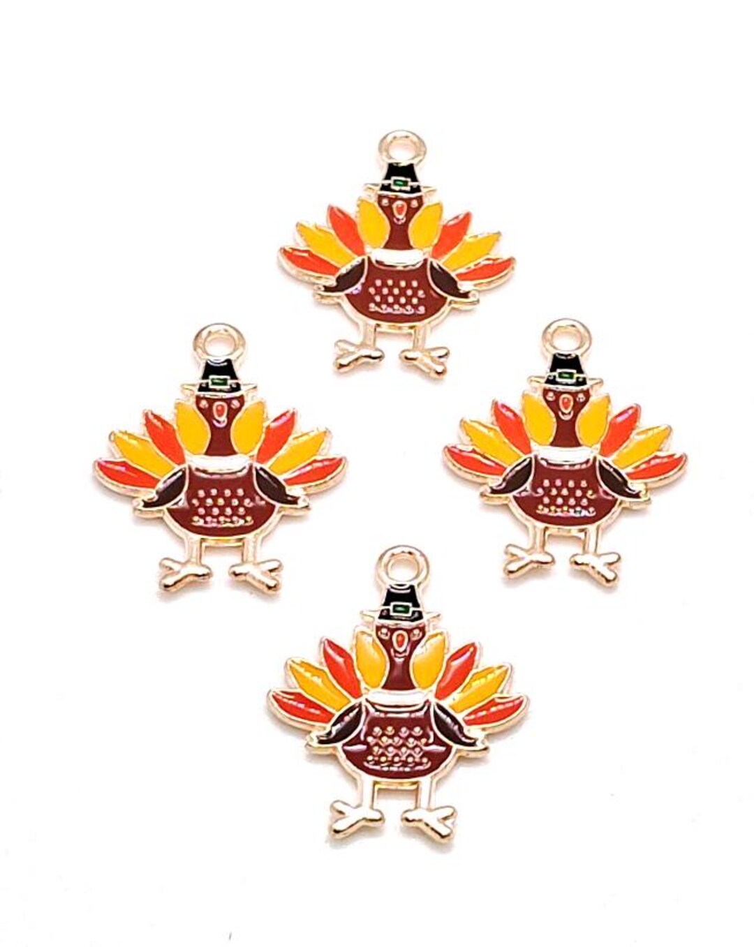 Enamel Turkey Charms, Orange Brown Gold, Thanksgiving Pendant (23mm, 4 ...