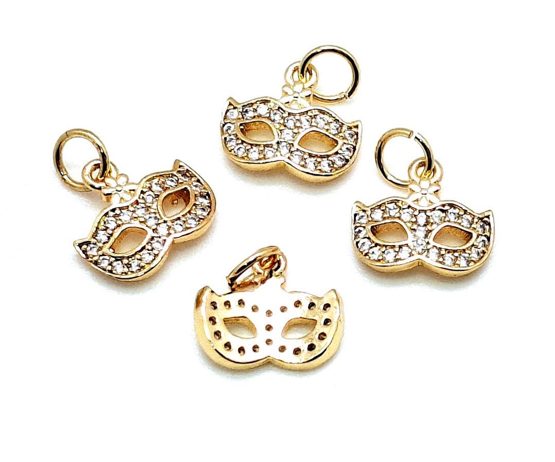 1, 2 or 4 Mardi Gras Mask Charms - Gold Plated - Cubic Zirconia ...