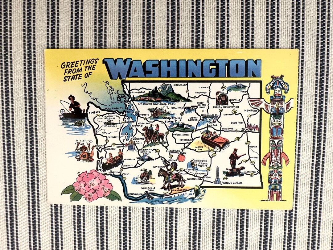 Vintage Postcard WA Map Postcard Washington State Postcard Greetings ...
