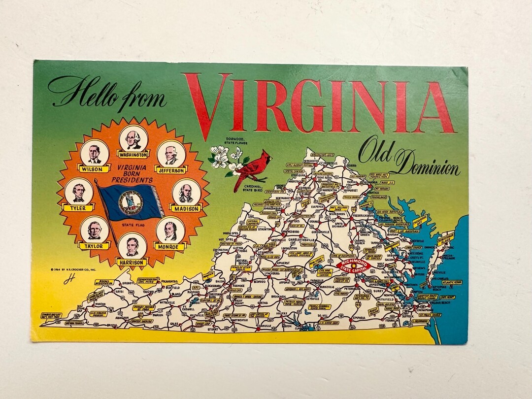 Vintage VA Map Postcard Hello From Virginia Old Dominion VA Born ...