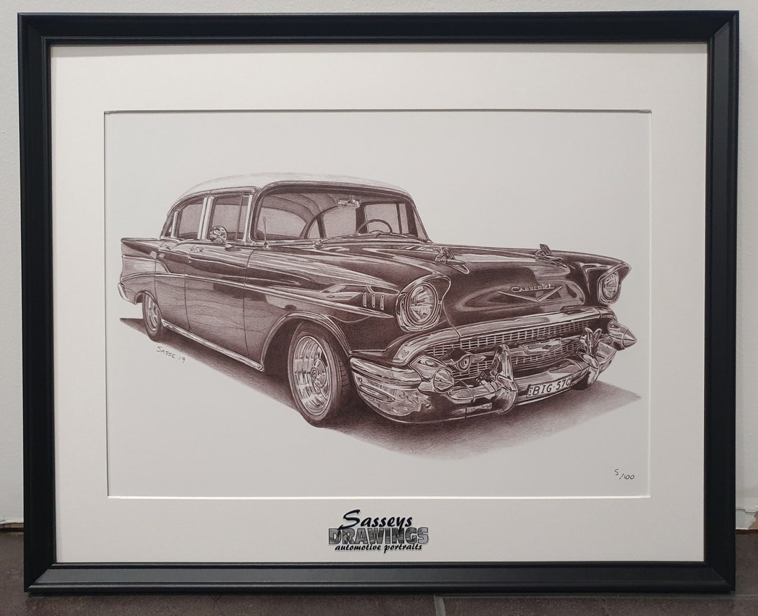 Framed 1957 Chevrolet Sedan A3 Print off Original Pencil Drawing ...