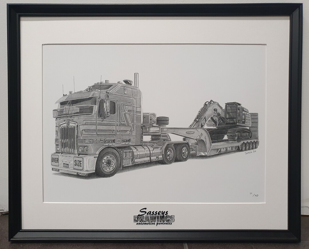 Framed Kenworth K108 With Float and Cat Excavator A3 Print off Original ...