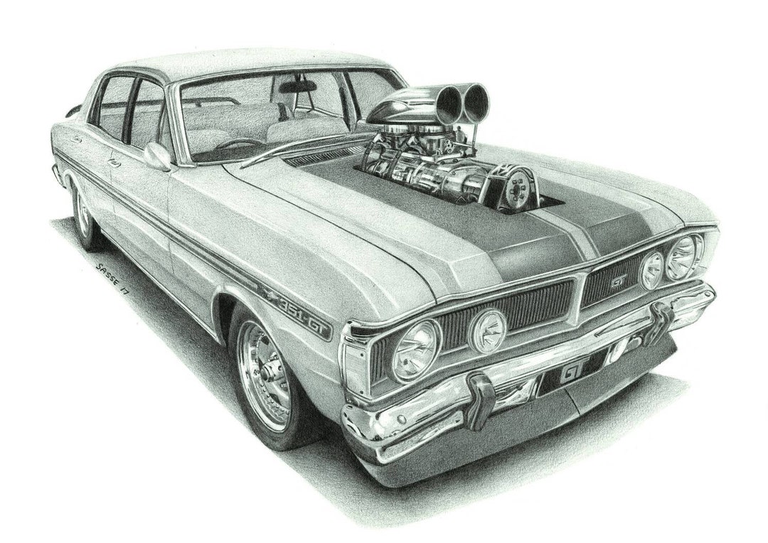 Ford Falcon XYGT Street Machine A3 Print off Original Pencil Drawing ...