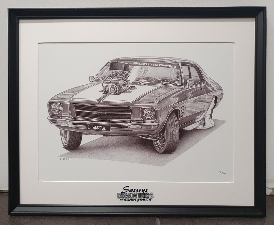 Framed Holden 1971 HQ GTS Monaro "hanful" A3 Print off Original Pencil ...