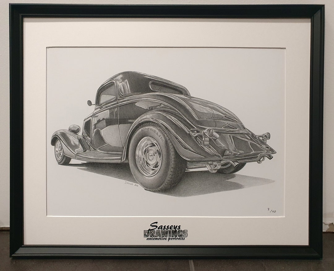 Framed 1934 Ford Coupe Hotrod A3 Print off Original Pencil Drawing ...