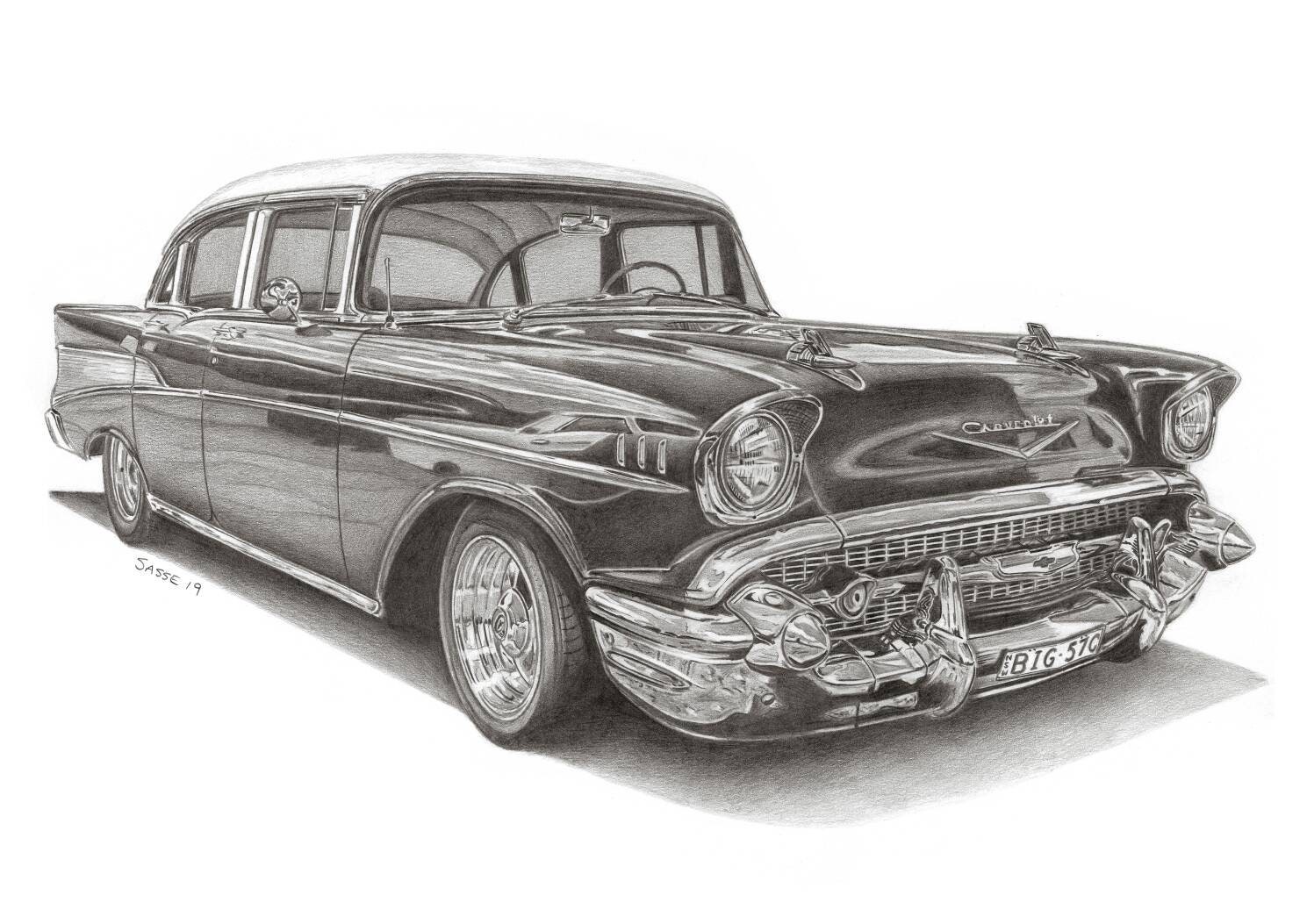 1957 Chevrolet Sedan A3 Print off Original Pencil Drawing Limited 100 ...