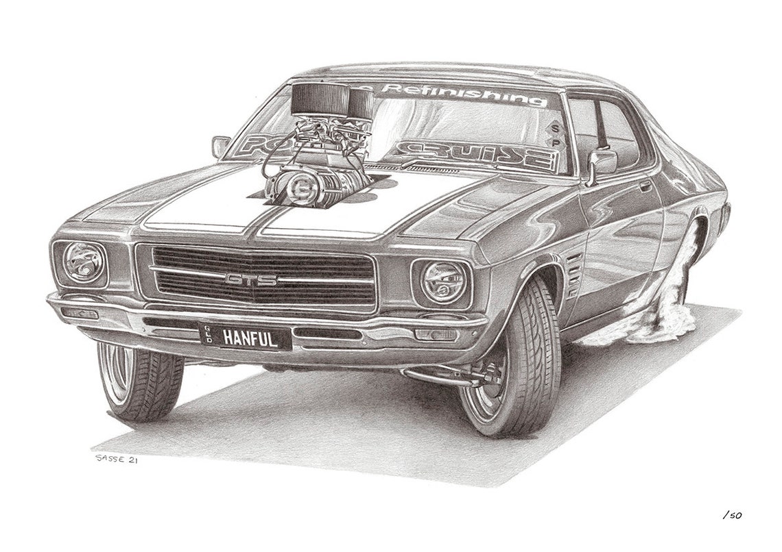 Holden 1971 HQ GTS Monaro "hanful" A3 Print off Original Pencil Drawing ...