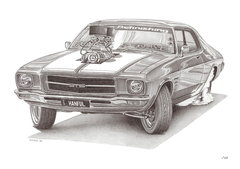 Holden 1971 HQ GTS Monaro "hanful" A3 Print off Original Pencil Drawing ...
