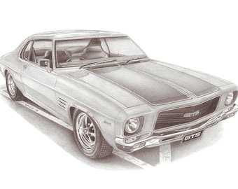 Holden 1971 HQ GTS Monaro hanful A3 Print off Original Pencil Drawing ...