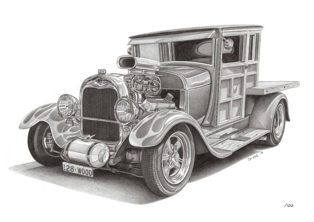 Ford 1928 Woody Pickup Hotrod A3 Print off Original Pencil Drawing ...
