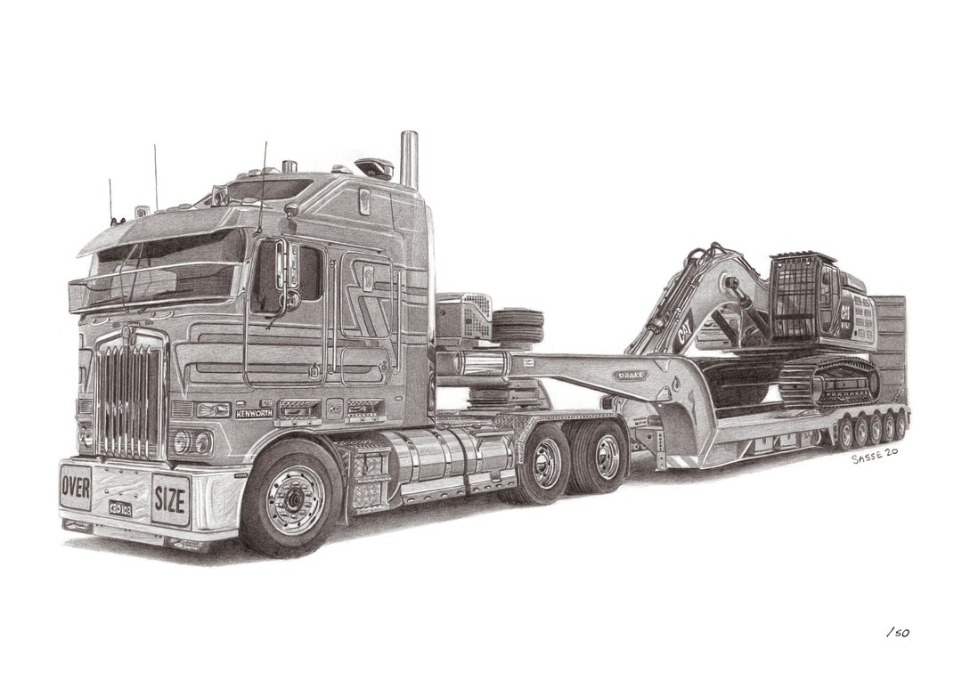 Kenworth K108 With Float and Cat Excavator A3 Print off Original Pencil ...