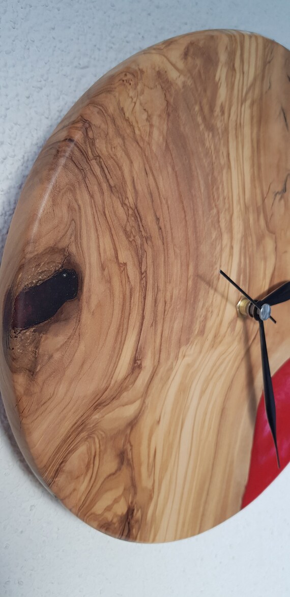 Home Décor Rustic Red Epoxy Resin & Olive Wooden Wall Clock Live Edge ...
