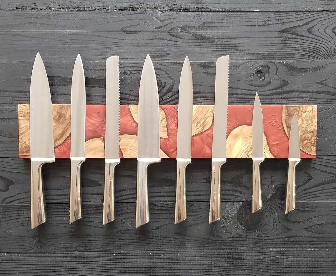 Wooden Knife Rack for 8 Knives, Copper Resin and Olive Wooden Knife ...