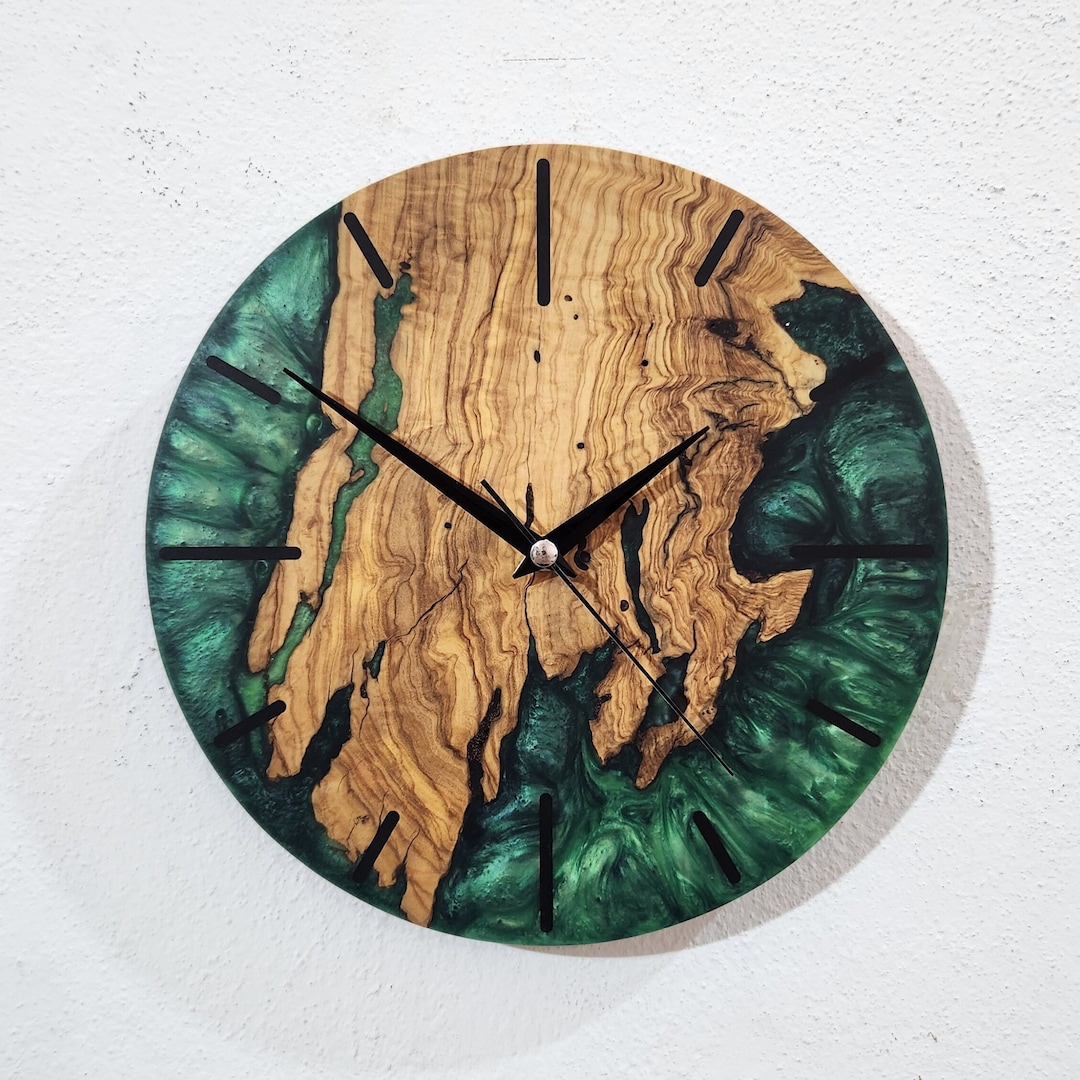 Green Resin Wall Clock, Custom Made Resin & Olive Wood, Made to Order ...