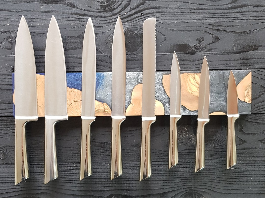 Wooden Knife Rack for 8 Knives, Copper Resin and Olive Wooden Knife ...