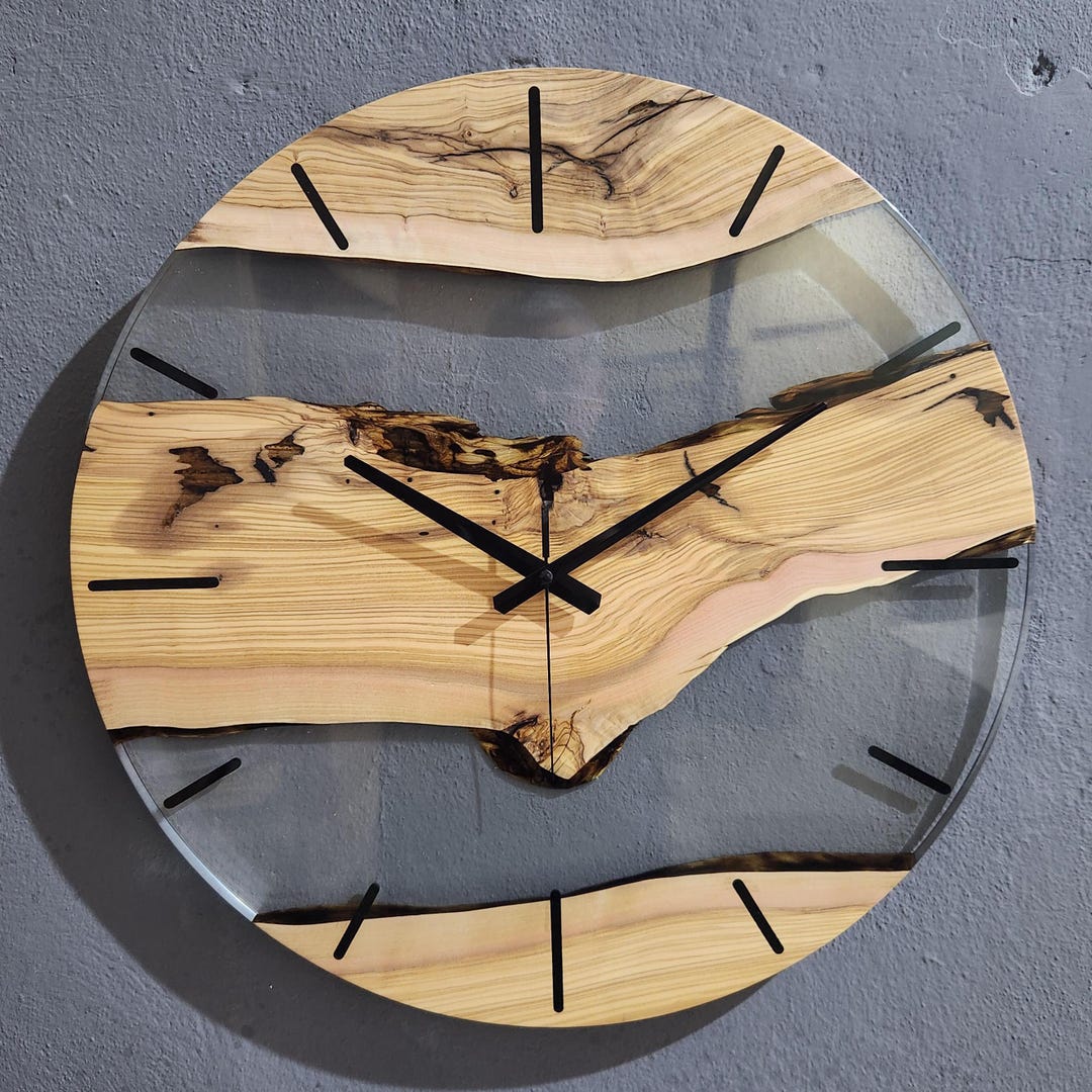 Transparent Resin & Olive Wood Wall Clock - Glossy Finish, Silent ...