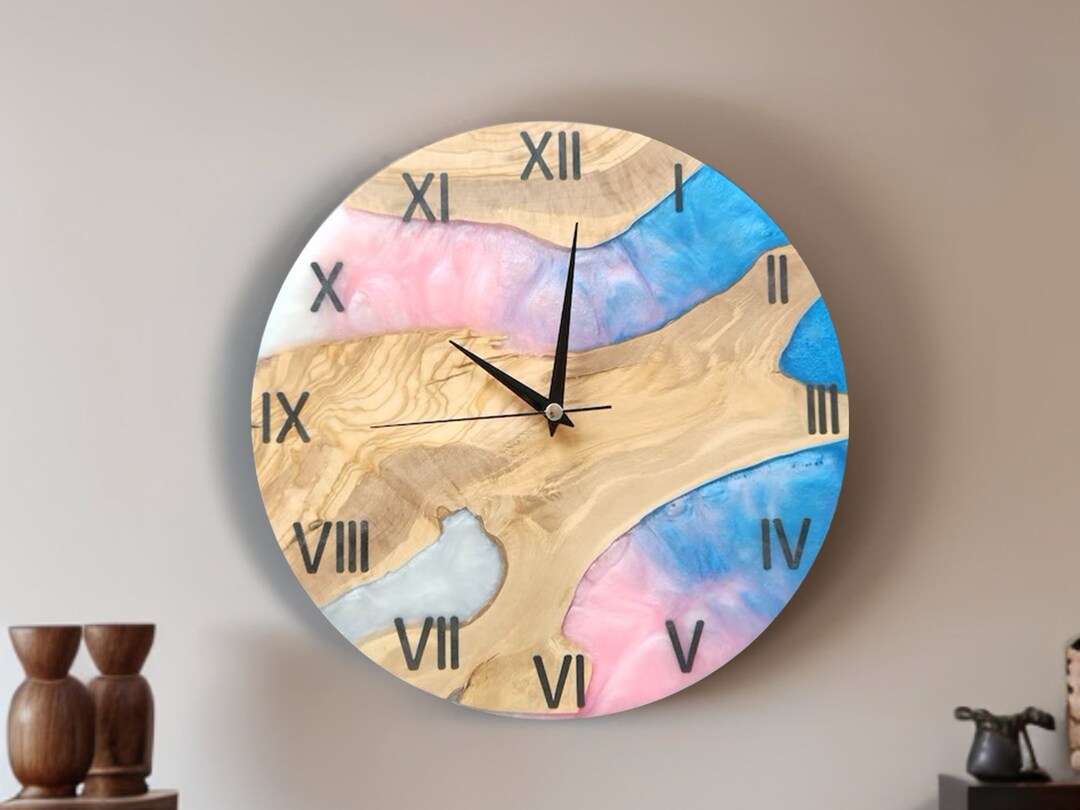 Custom Resin & Olive Wood Wall Clock: Trans Flag Colors - Etsy