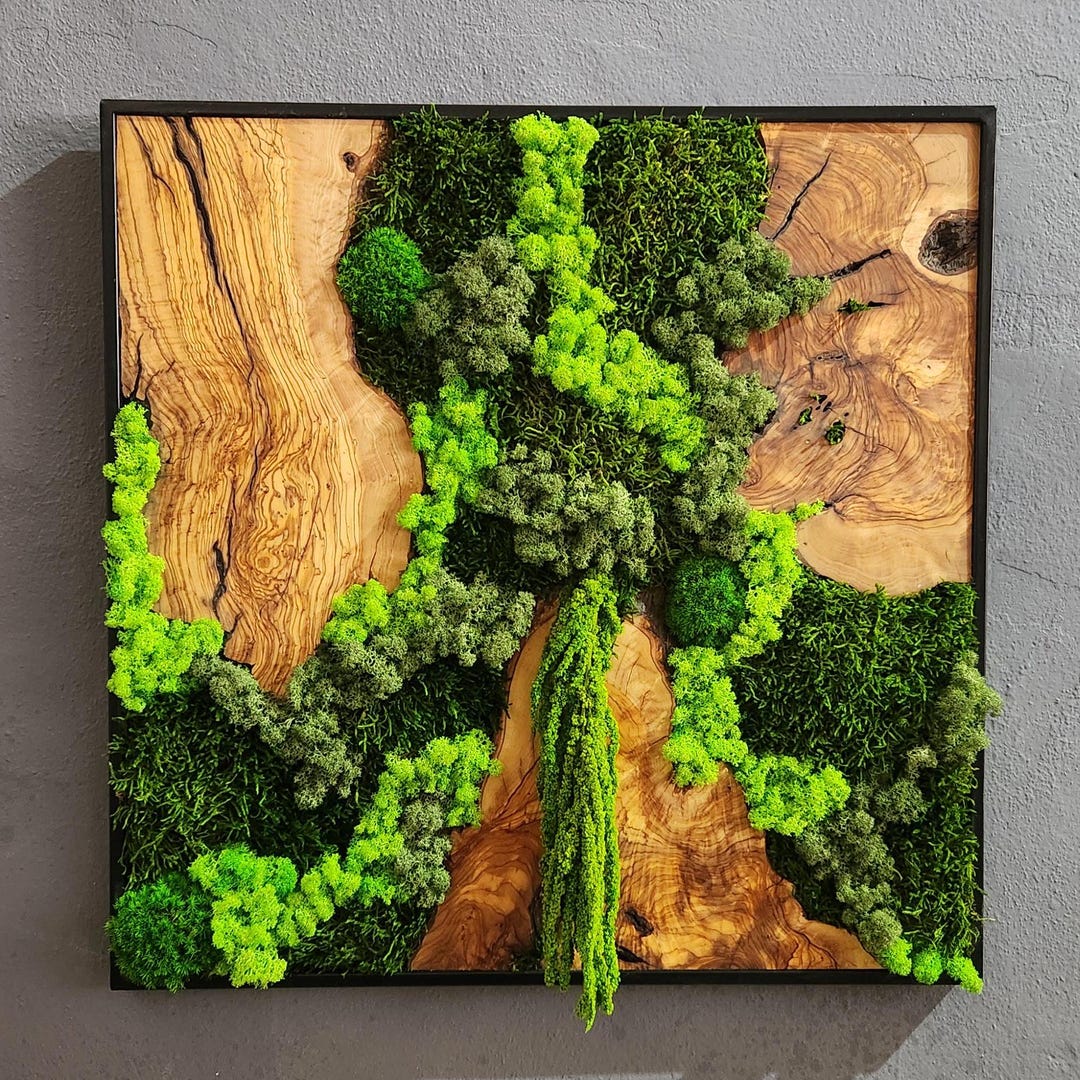 Custom Metal Frame Moss Wall Art: Preserved Moss & Olive Wood Decor - Etsy
