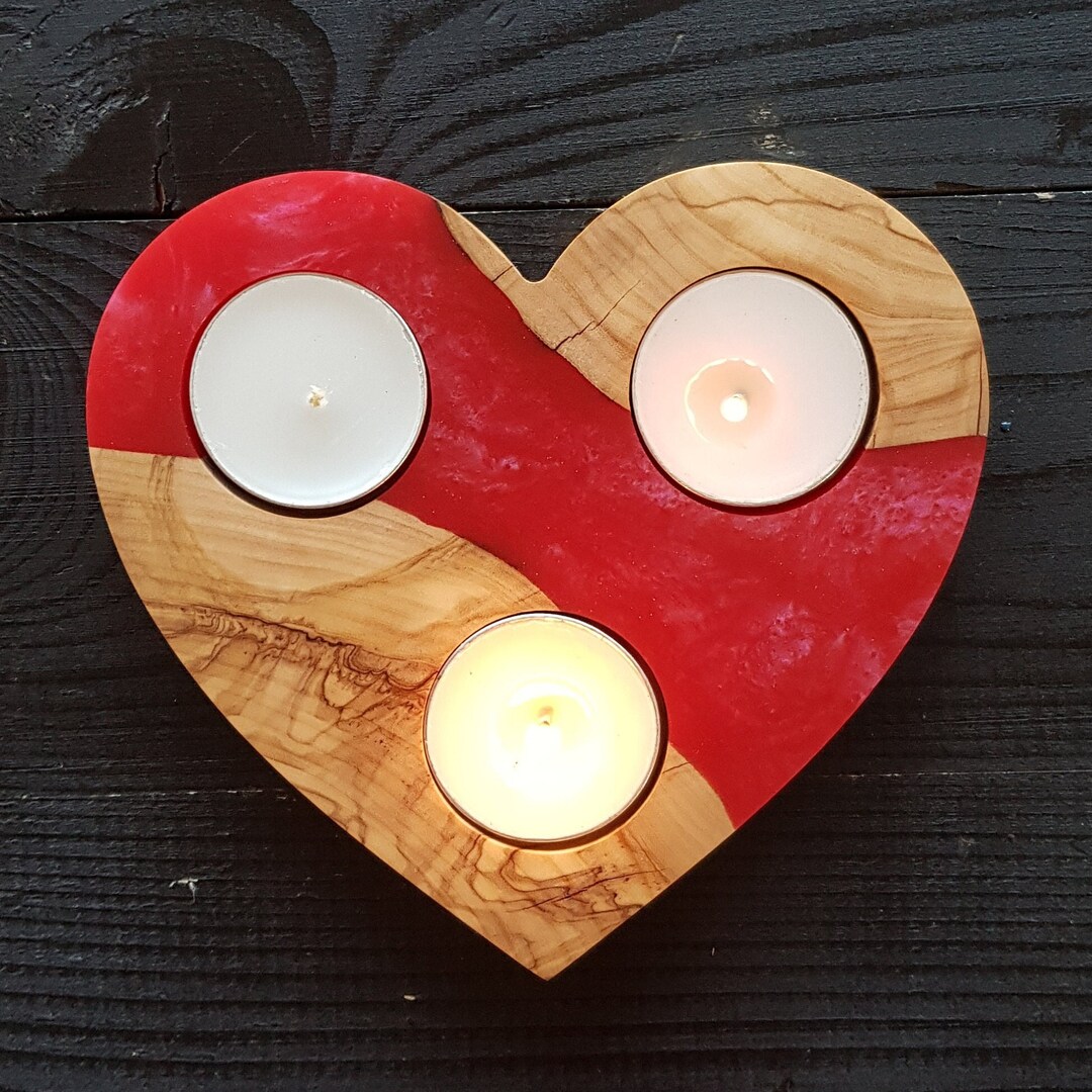 Heart Shaped Resin and Olive Wooden Tealight Holder, Candle Holder ...