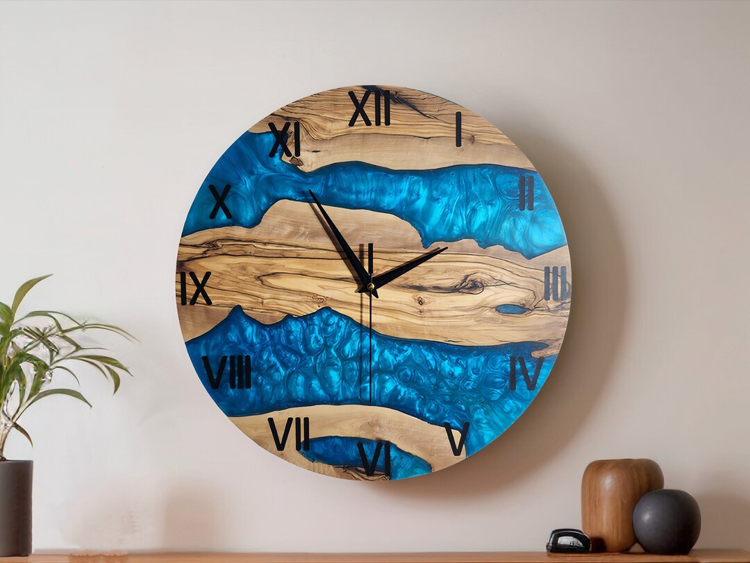 Custom Resin Olive Wood Wall Clock: Blue Green Epoxy, Live Edge - Etsy