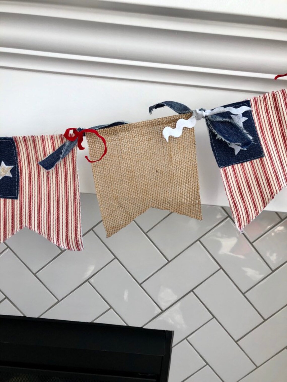 American Flag Burlap Banner With Denim and Ric Rac ties | Etsy