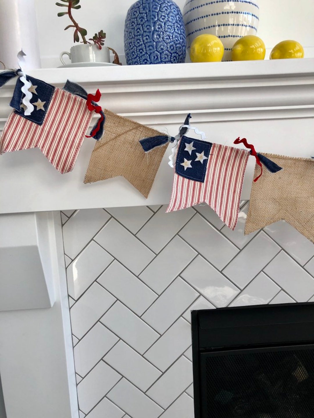 American Flag Burlap Banner With Denim and Ric Rac Ties - Etsy