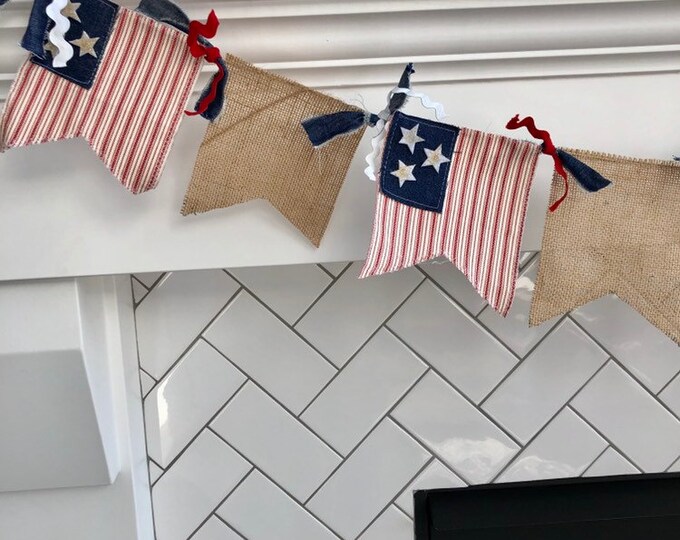 American Flag Burlap Banner With Denim and Ric Rac Ties - Etsy