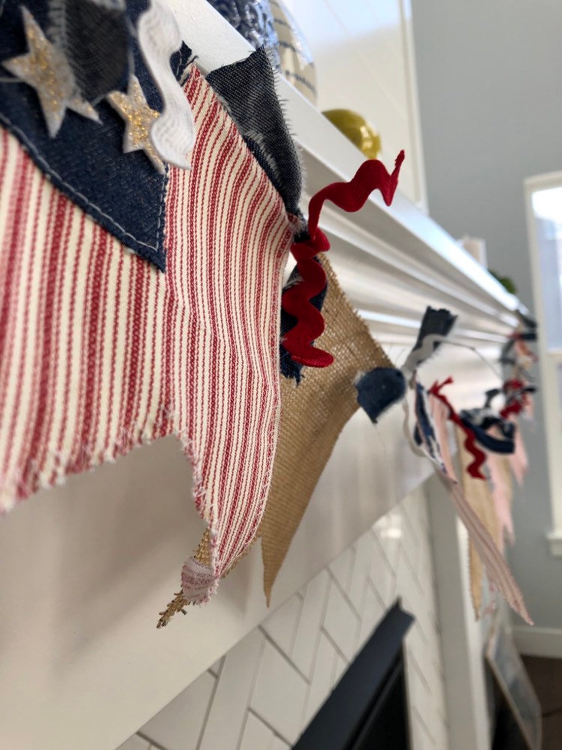 American Flag Burlap Garland with Gingham and Ric Rac ties | Etsy