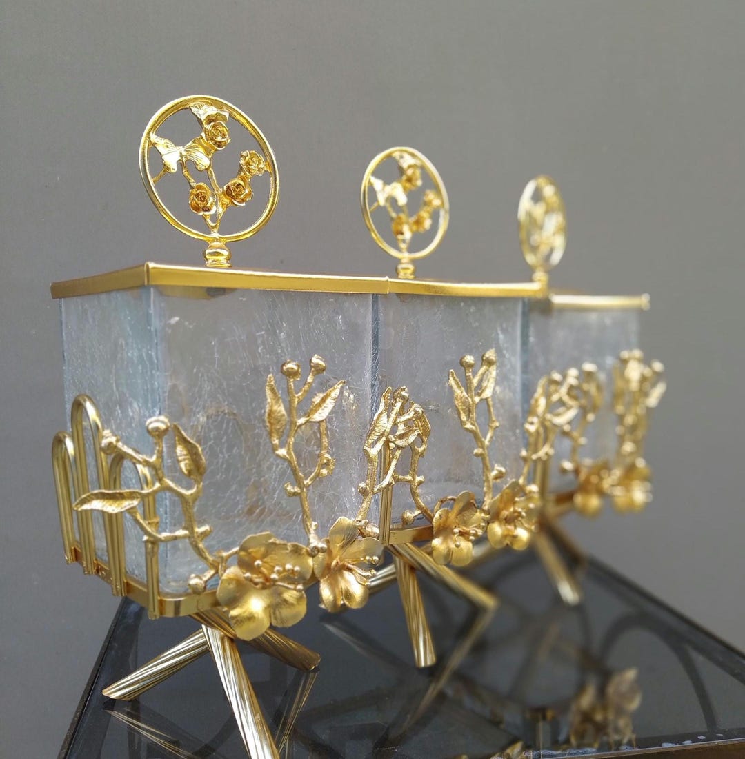 3 Pcs 1000 Ml Gold Jars ,cracked Glass Jar Set ,spice Jars,handmade ...