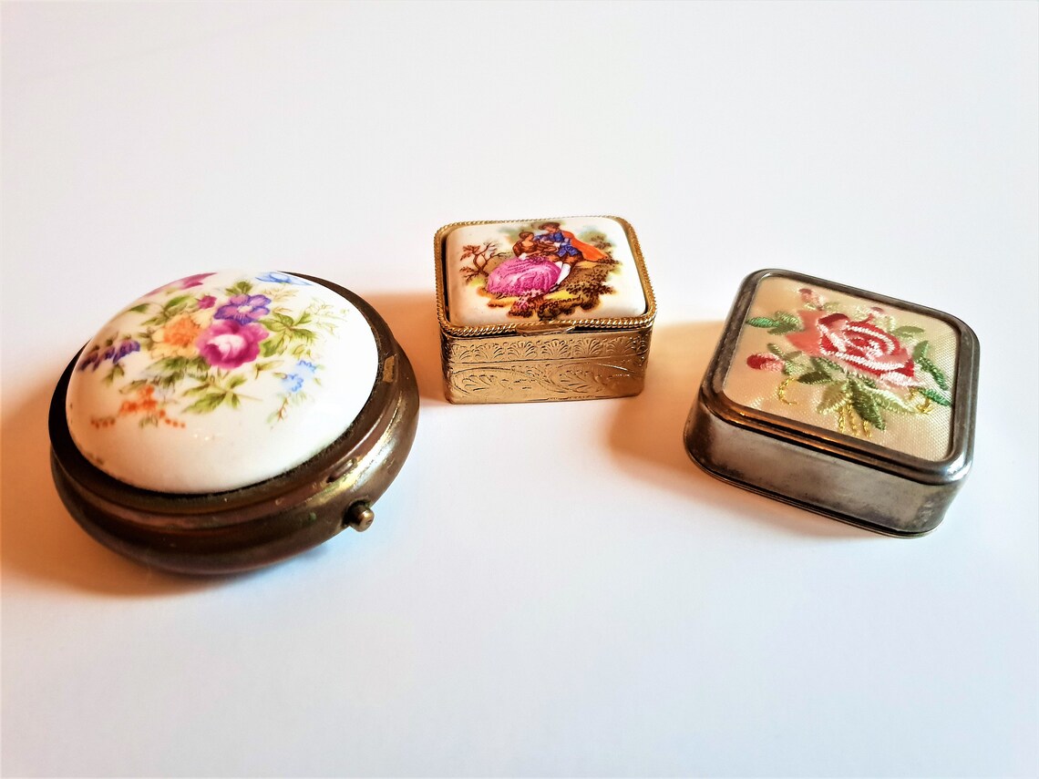 Lot of Three Antique Pill Boxes, Trinket Boxes, Hand Painted Floral ...