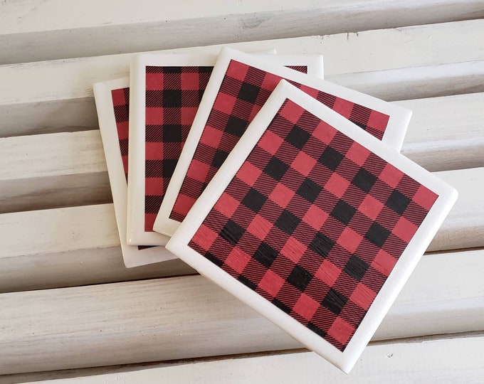 Red Buffalo Plaid Coasters, Buffalo Plaid Decor - Etsy