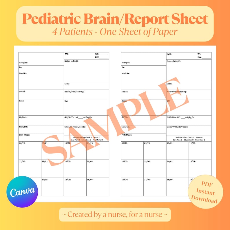 Pediatric Nurse Report Sheet Template - Etsy