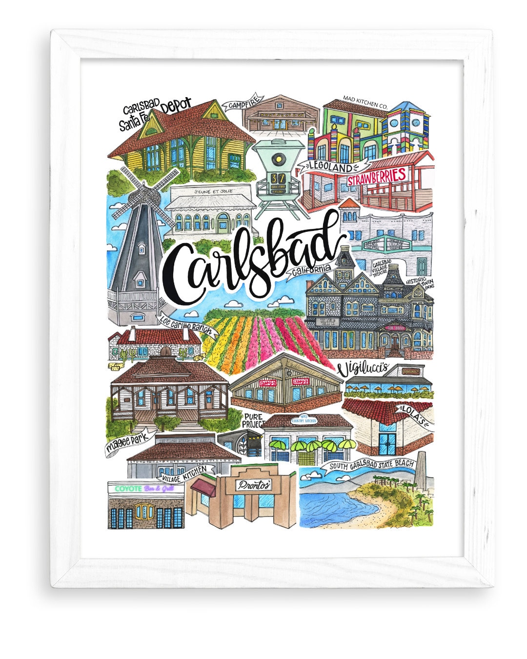 Carlsbad, CA Art Print | San Diego Watercolor Drawing California Wall ...