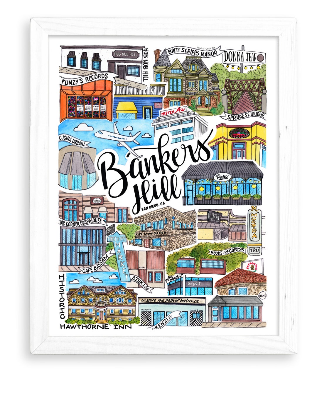 Bankers Hill Art Print | San Diego Watercolor Drawing California Wall ...