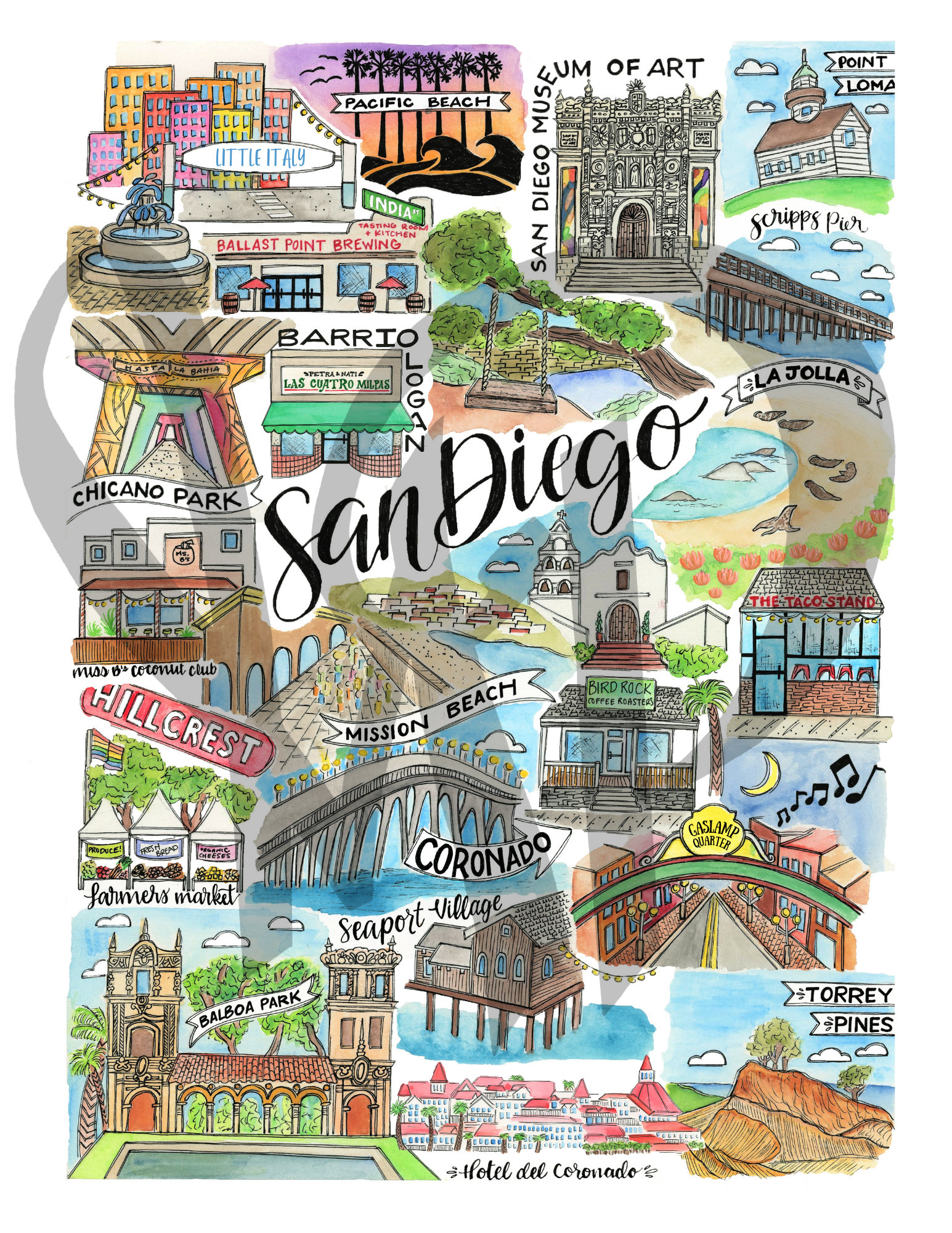 San Diego Art Print Watercolor Drawing California Wall Decor - Etsy