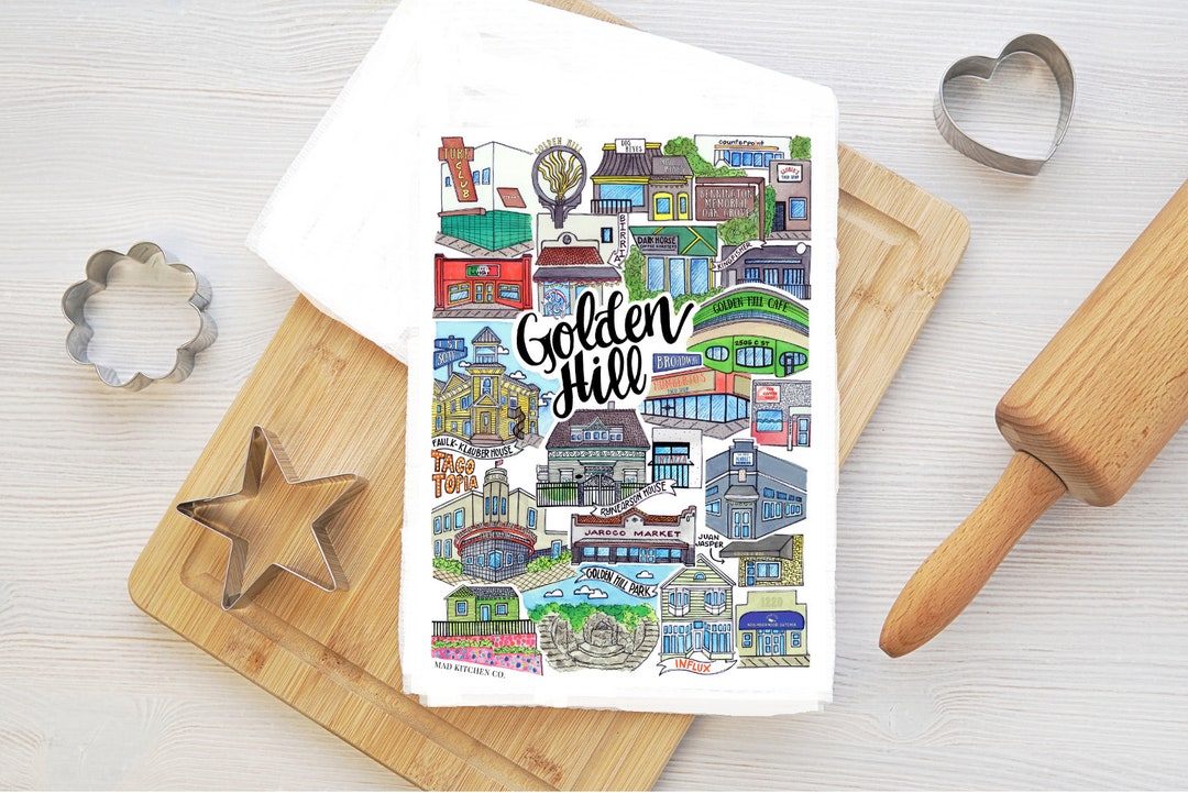 Golden Hill Tea Towel | San Diego Watercolor Drawing California Wall ...