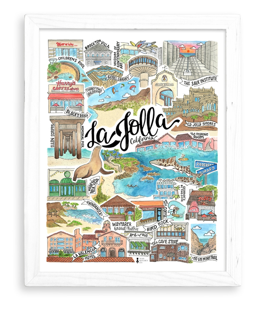 La Jolla Art Print | San Diego Watercolor Drawing California Postcard ...