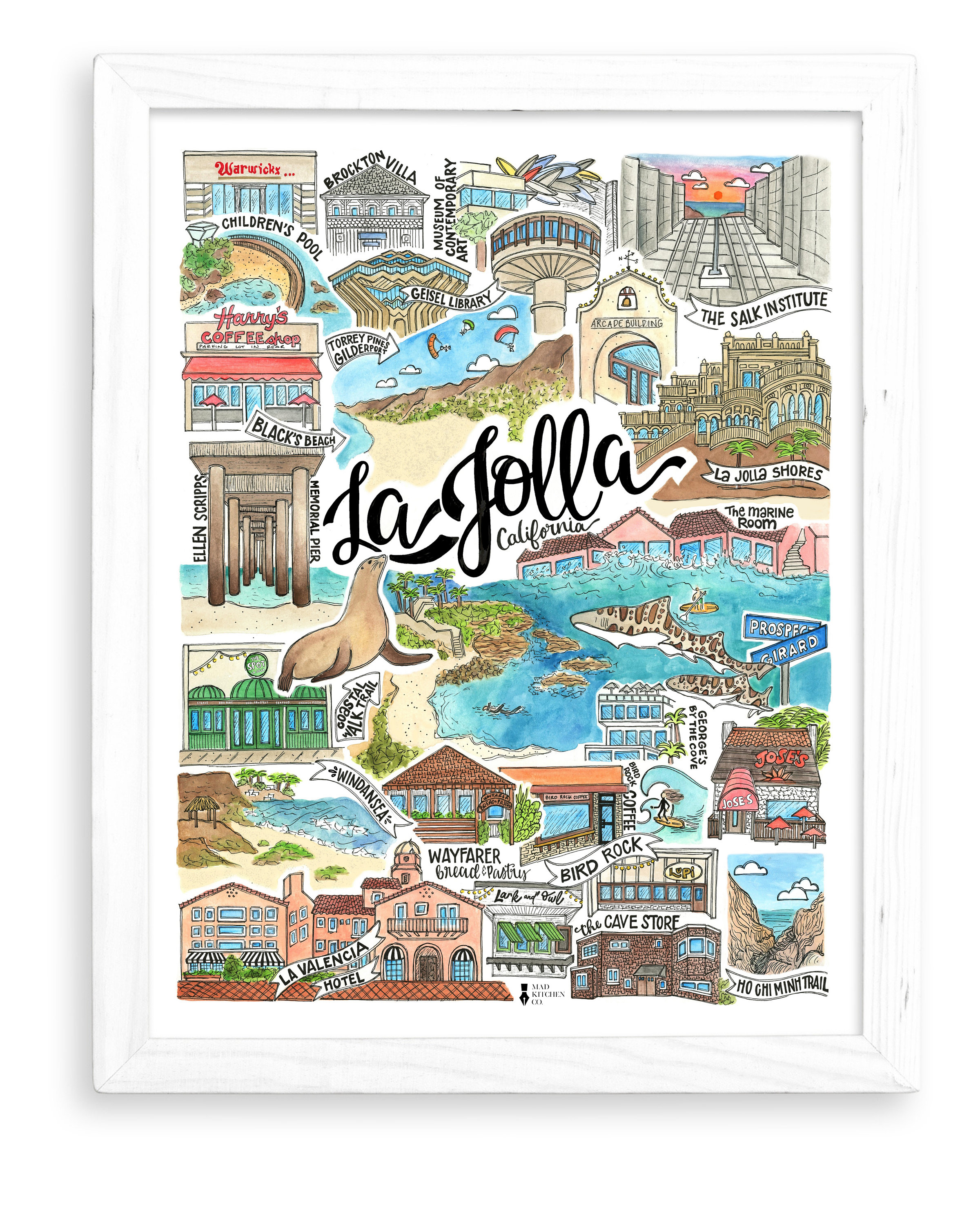 La Jolla Art Print | San Diego Watercolor Drawing California Postcard ...