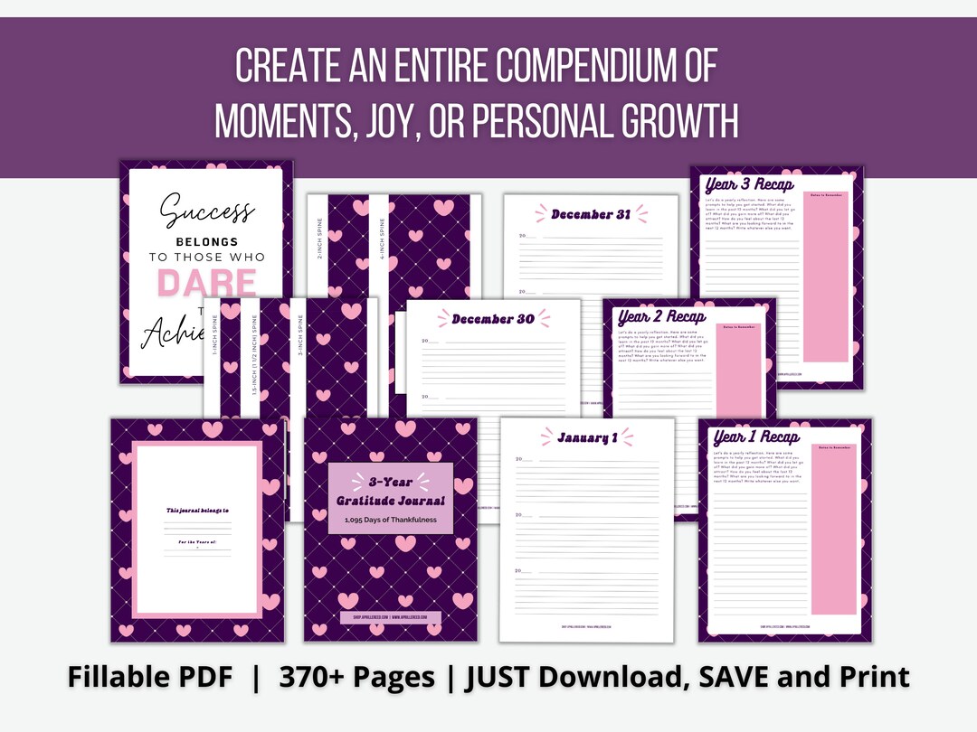Pink Heart 3 Year Gratitude Journal, Printable Fillable Reflection ...